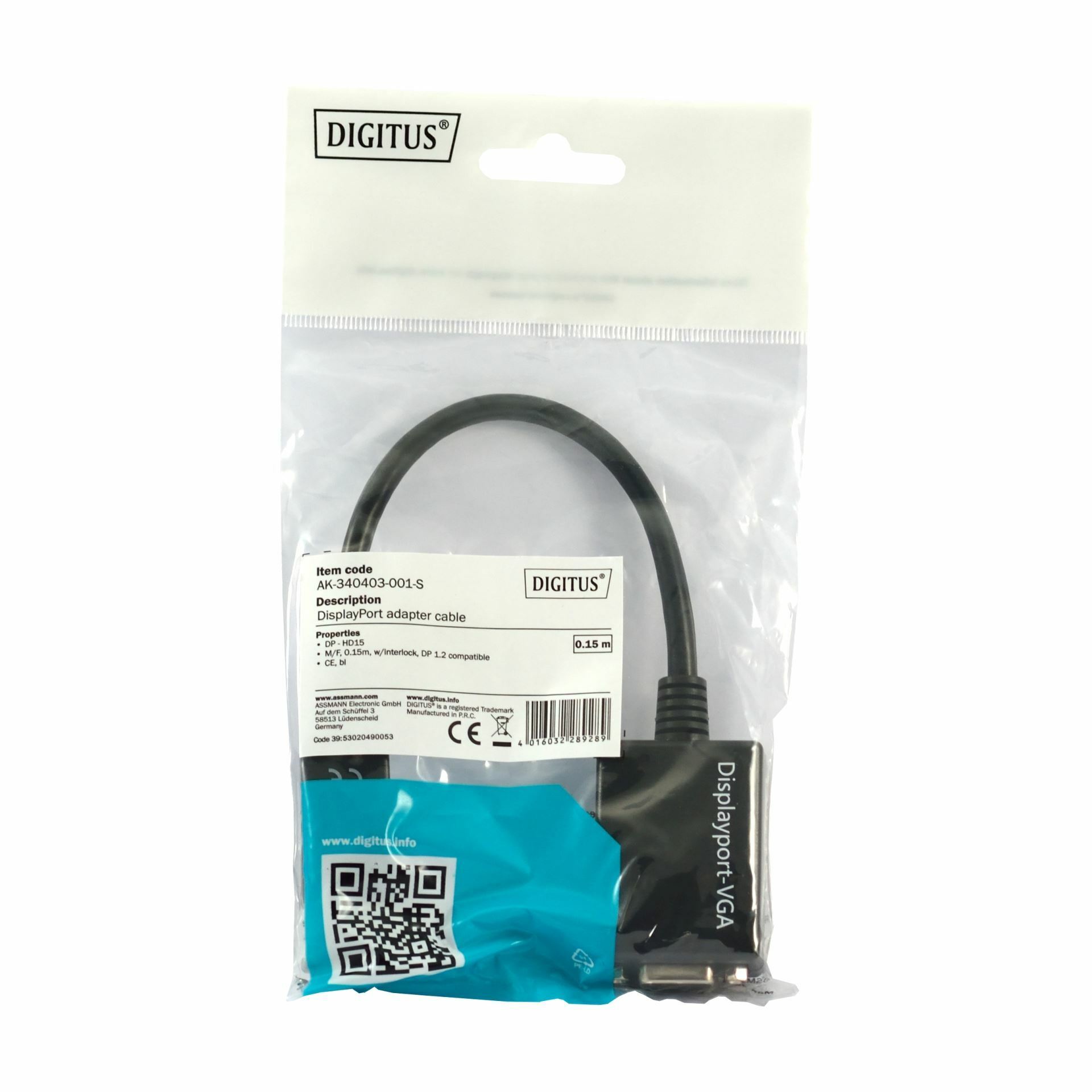 Digitus adapter DisplayPort-VGA 15cm črn črn AK-340403-001-S - TechTrade