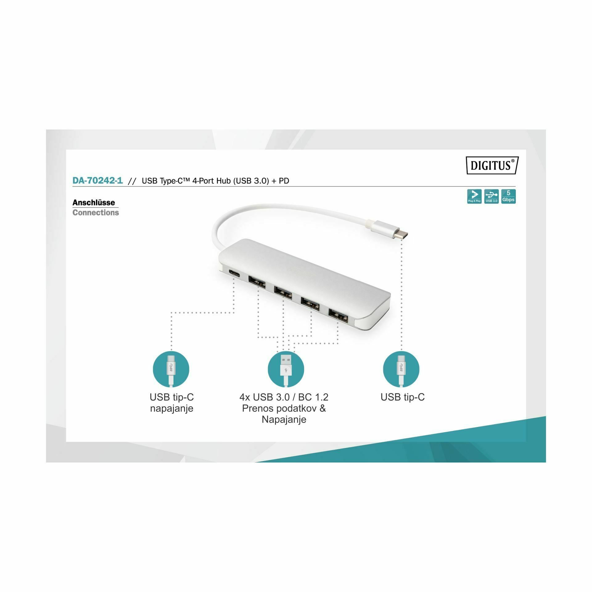 Digitus USB 3.0 Hub, 4 porti USB-A + Tip-C - TechTrade