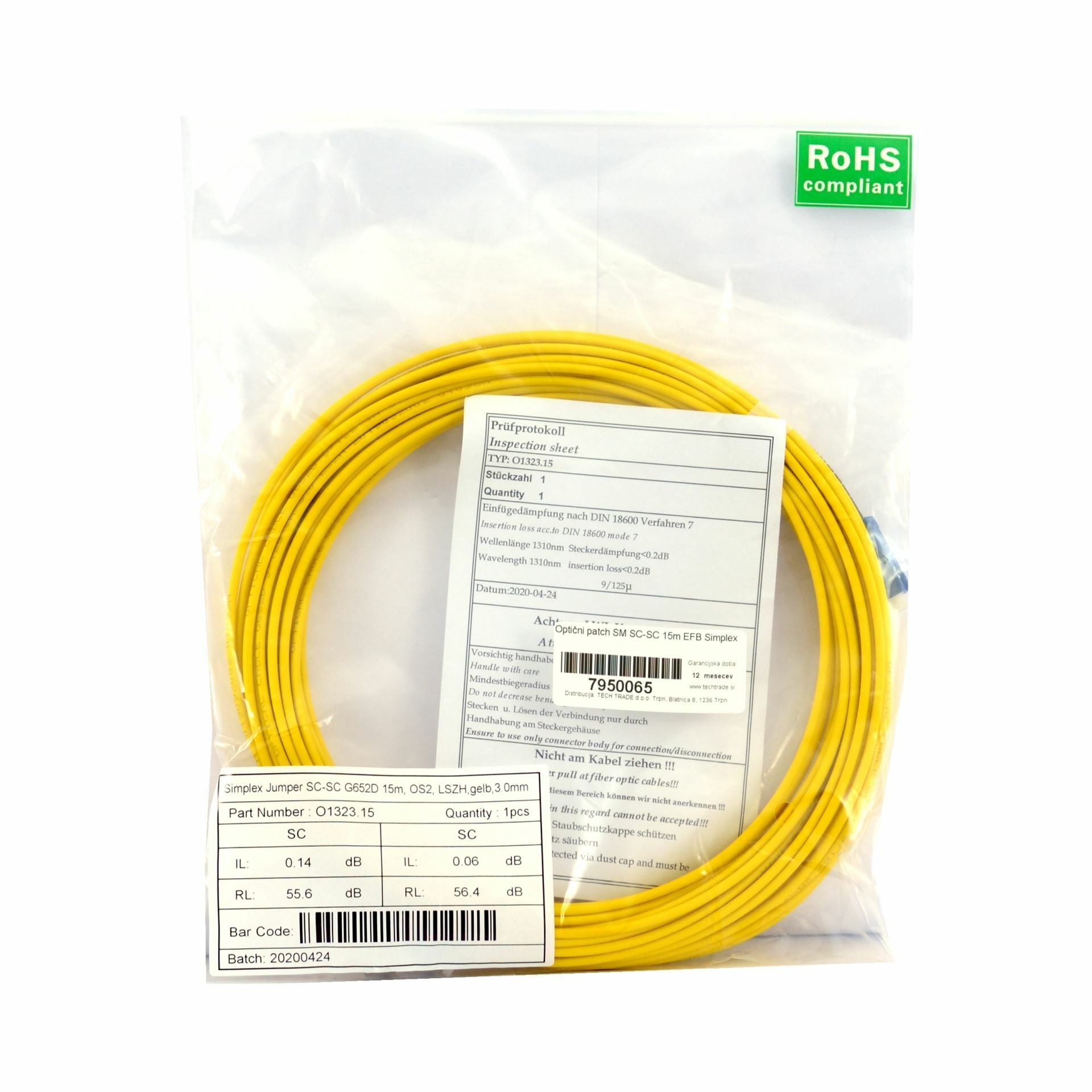 Priključni optični kabel SM SC-SC OS2 15m EFB - TechTrade