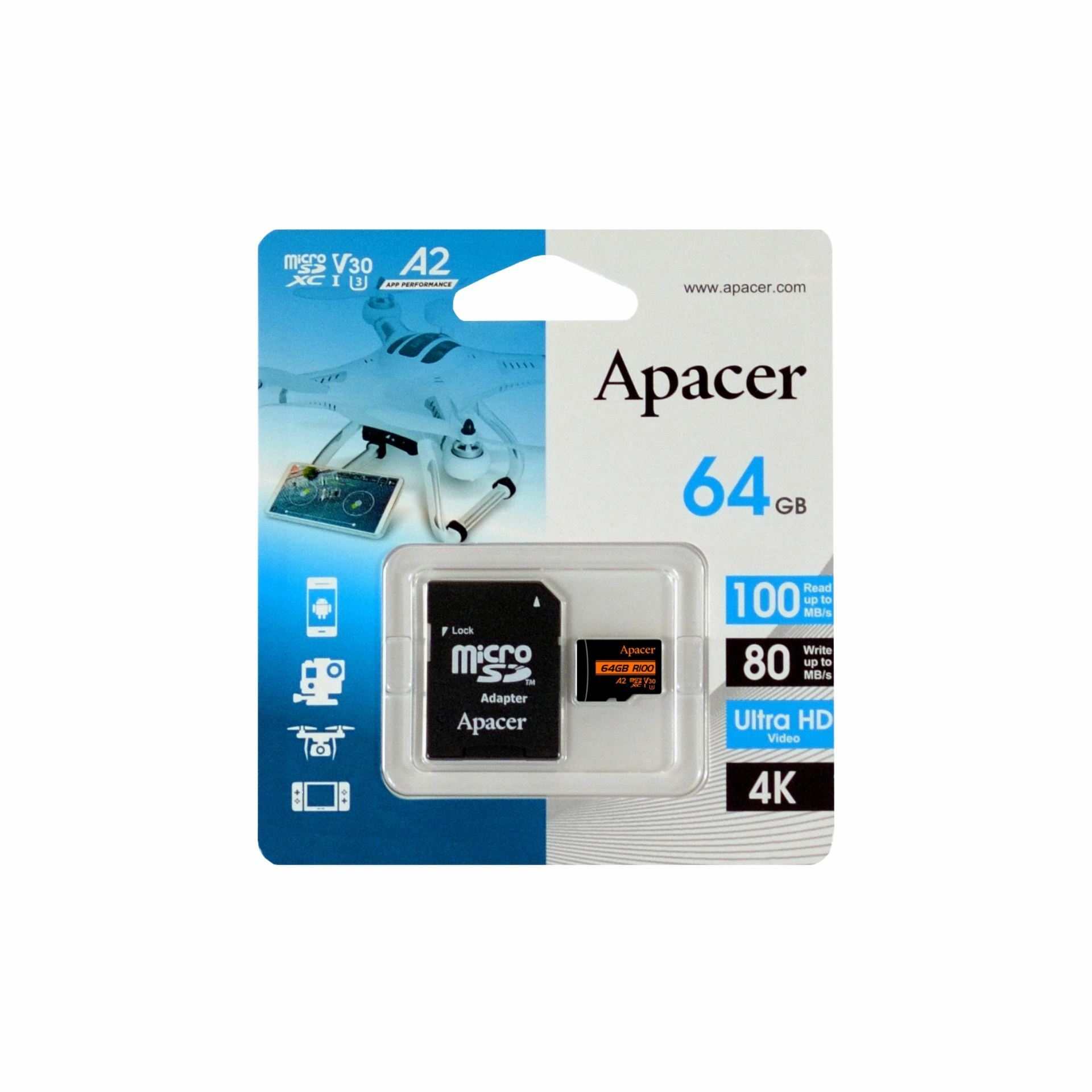 APACER microSD XC 64GB spominska kartica U3 R100 V30 A2 AP64GMCSX10U8-R ...