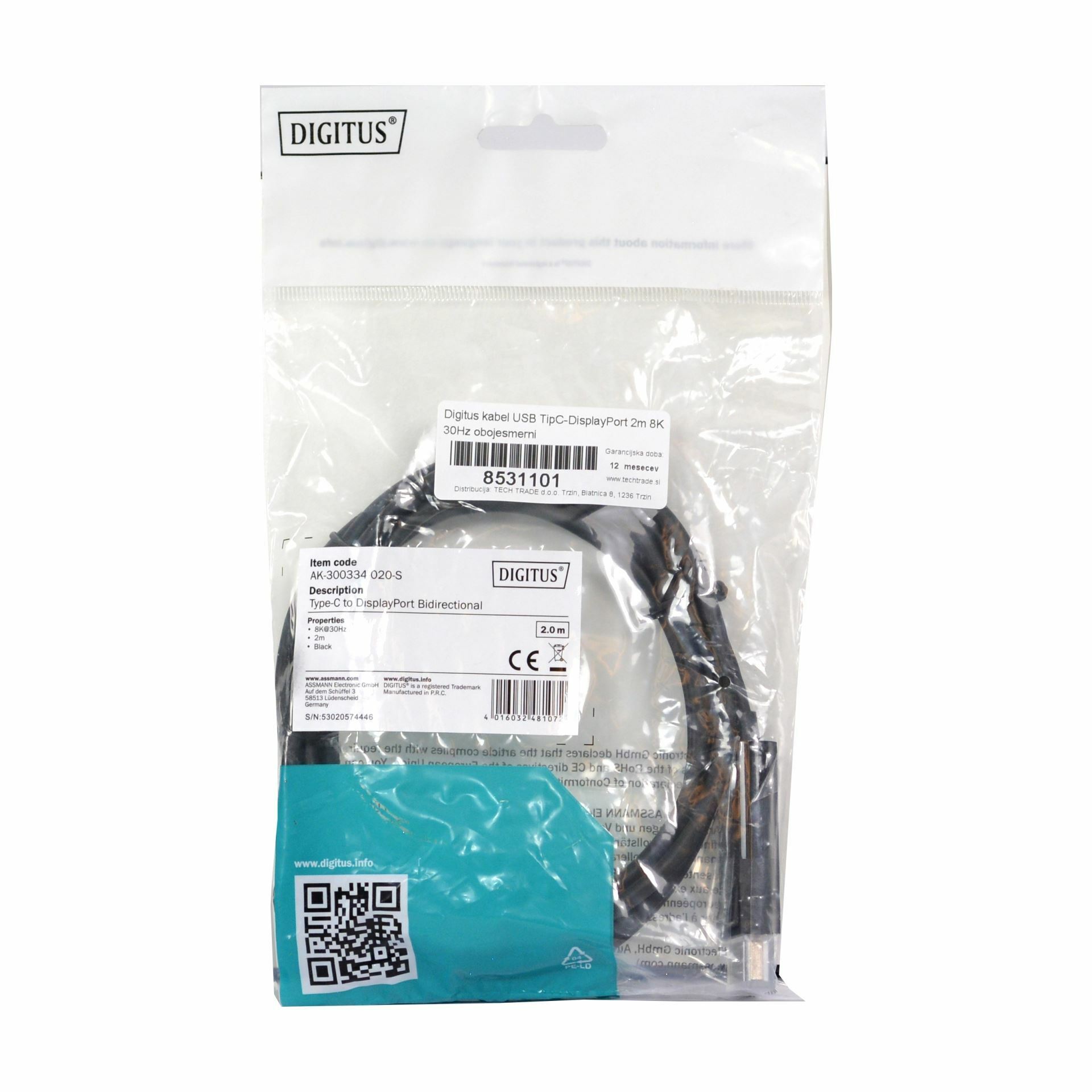 Digitus kabel USB TipC-DisplayPort 2m 8K 30Hz obojesmerni - TechTrade