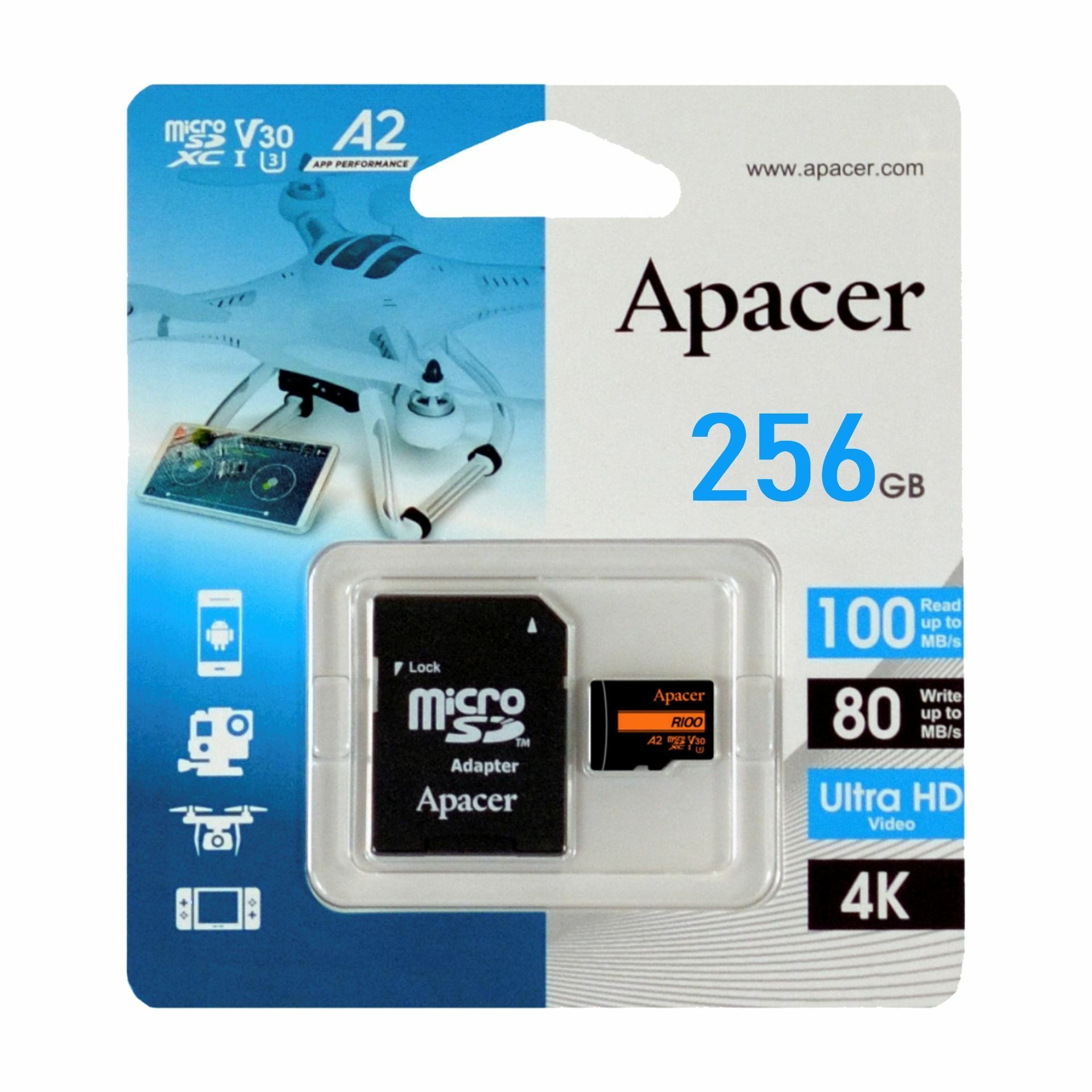 APACER microSD XC 256GB spominska kartica U3 R100 V30 A2 AP256GMCSX10U8 ...