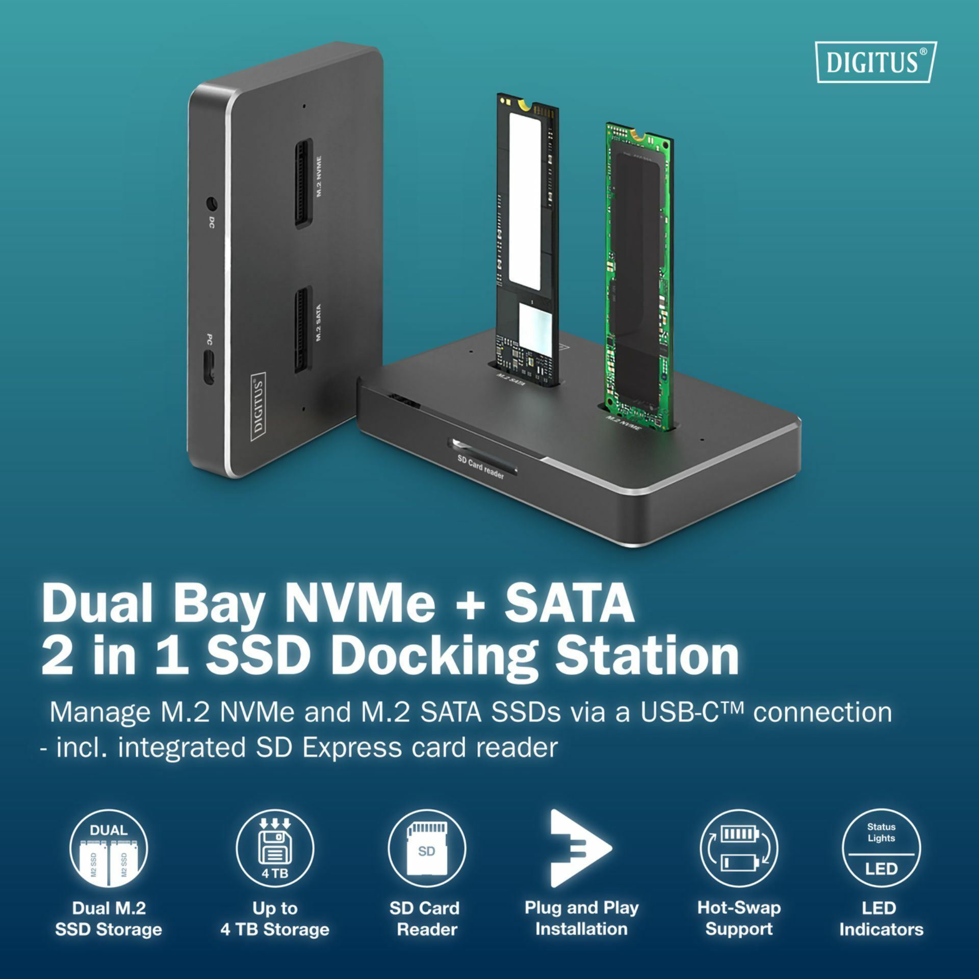 Digitus čitalec diskov USB 3.2 TipC za M.2 NVMe SATA SD kartica DA ...